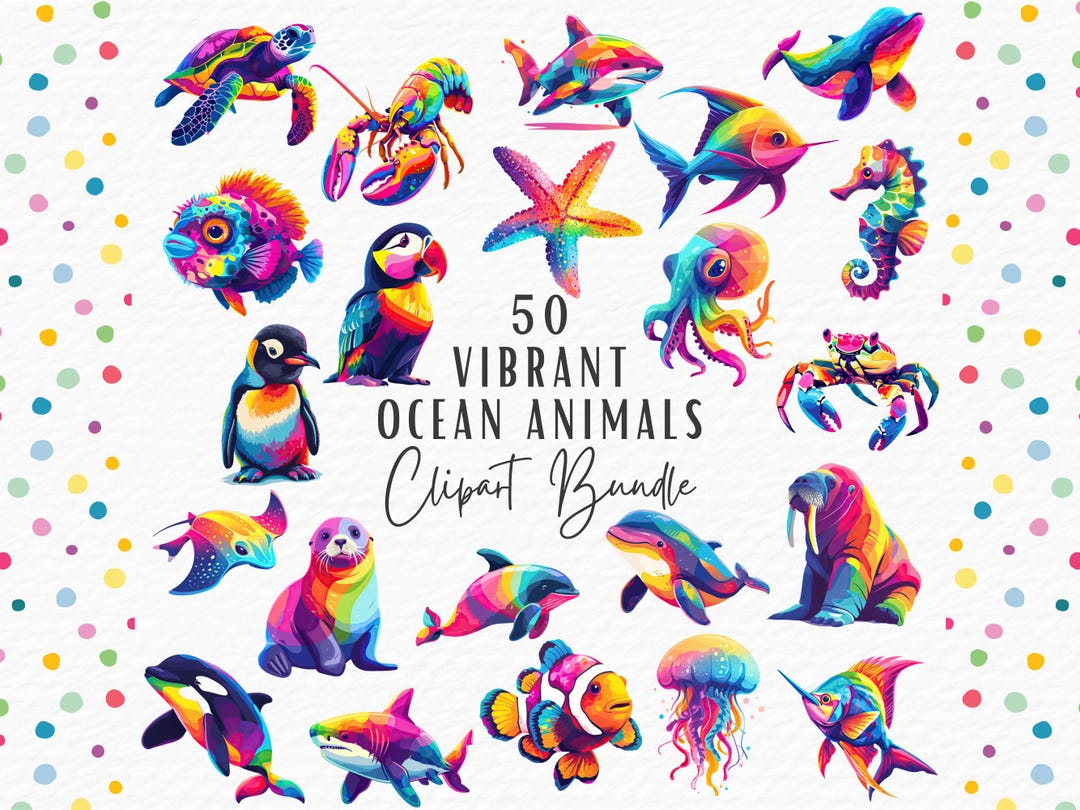 Ocean Animal Clipart Bundle | Bright Sea Life PNG Designs (digital ...
