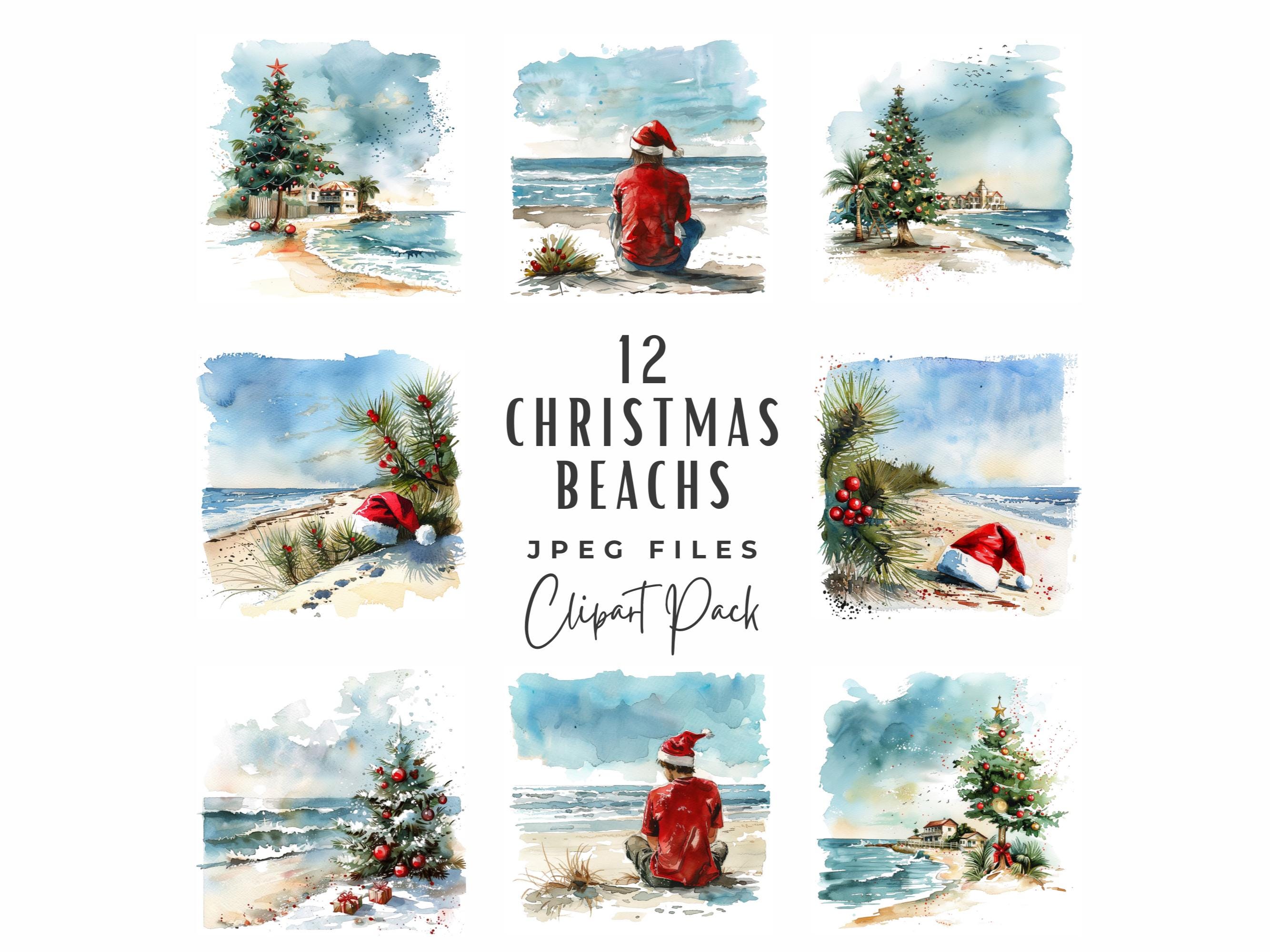 Watercolor Christmas Beach Clipart Bundle, Tropical Coastal Christmas ...