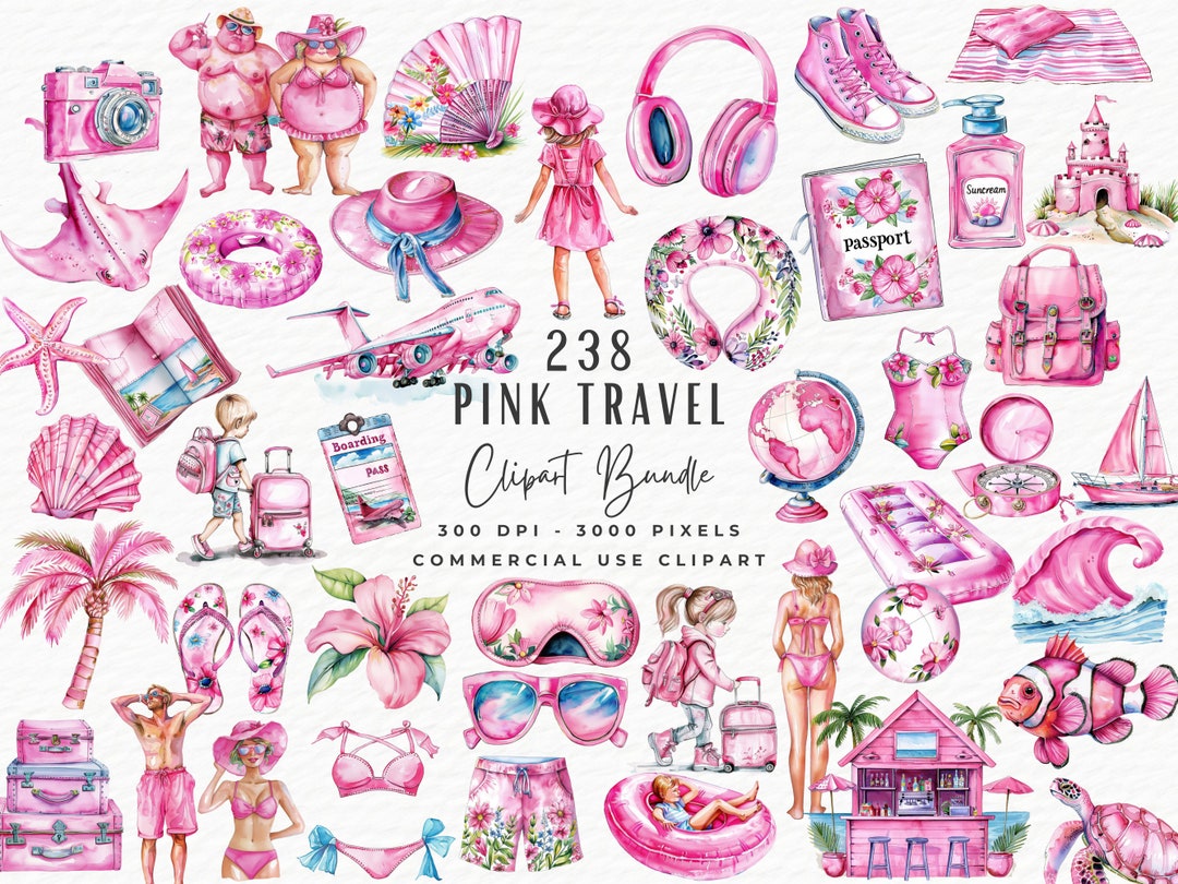 238 Pink Travel Clipart Bundle, World Travel Girly Vacation Mega ...