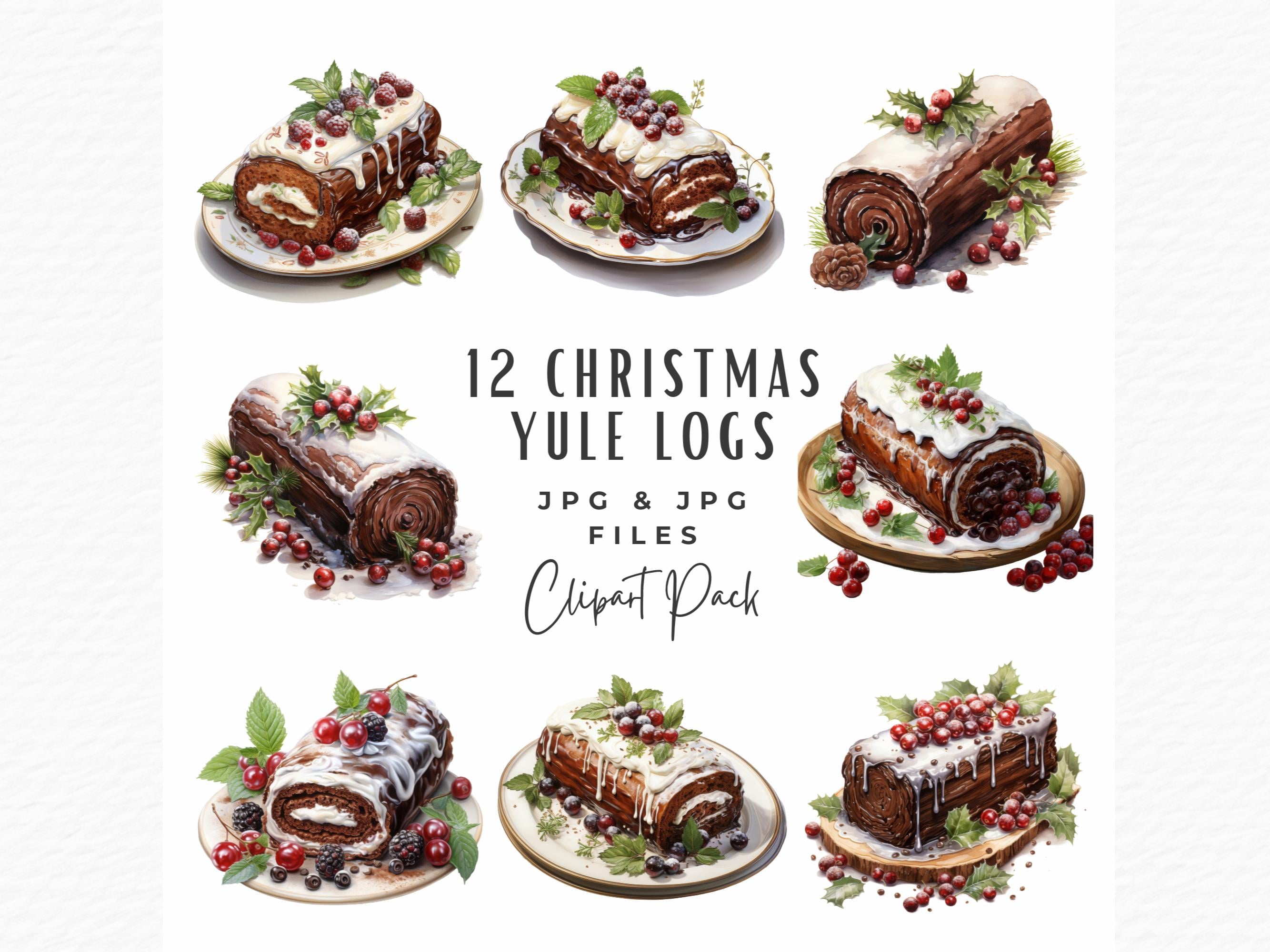 Yule Log Clipart Bundle, Watercolour Winter Holiday Christmas Chocolate ...