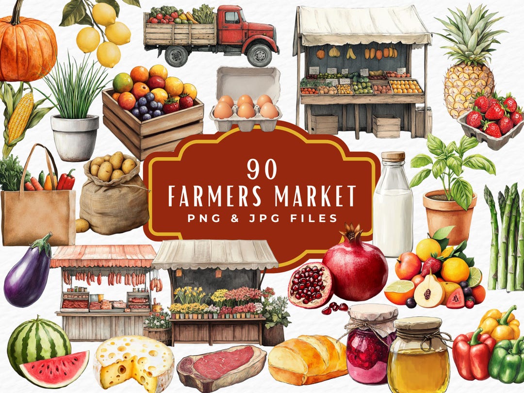 Watercolor Farmers Market Clipart: 90 PNG & JPG Illustrations (digital ...