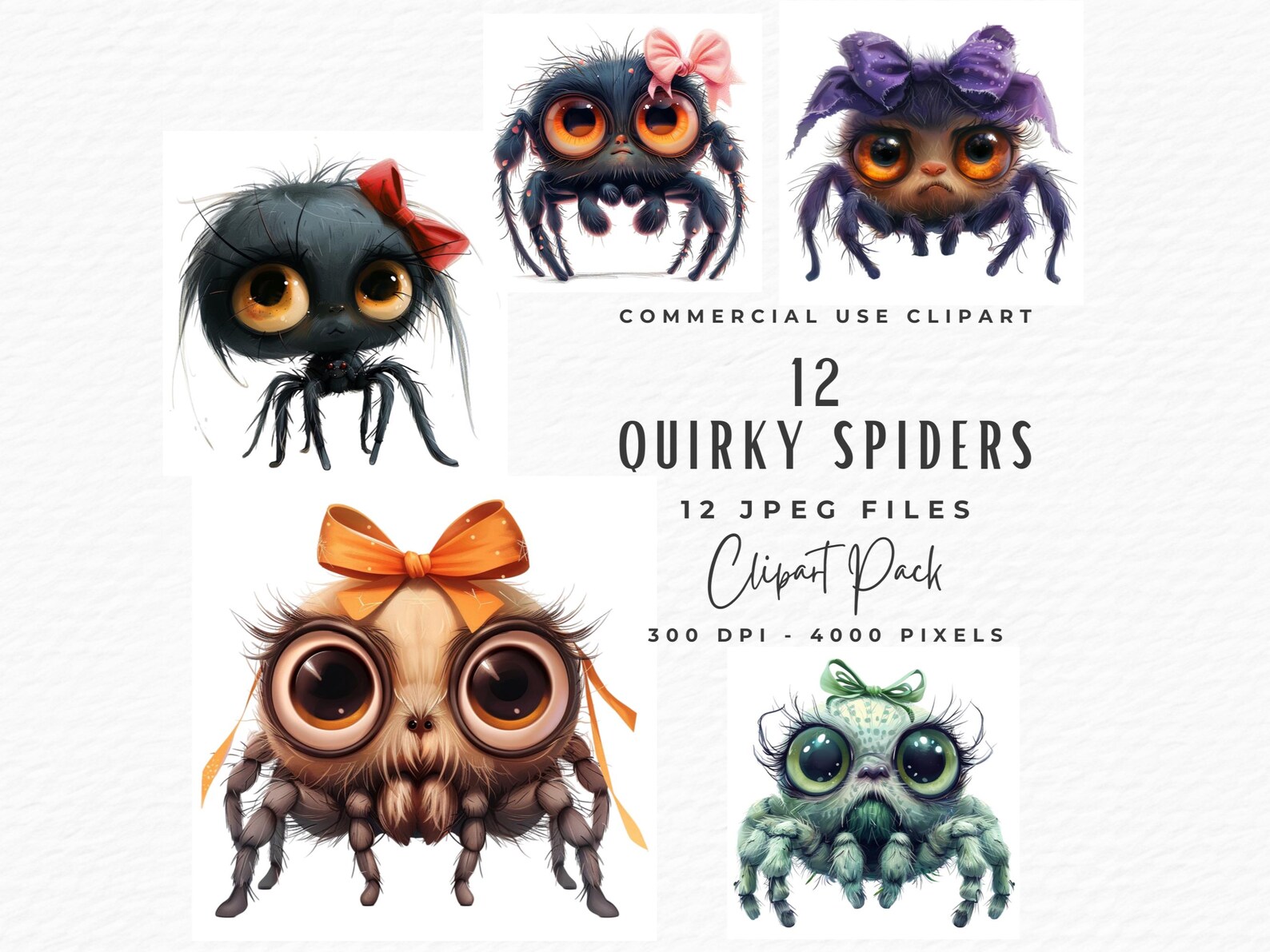 Quirky Spider Halloween Clipart Bundle | Whimsical Spider With Bow ...