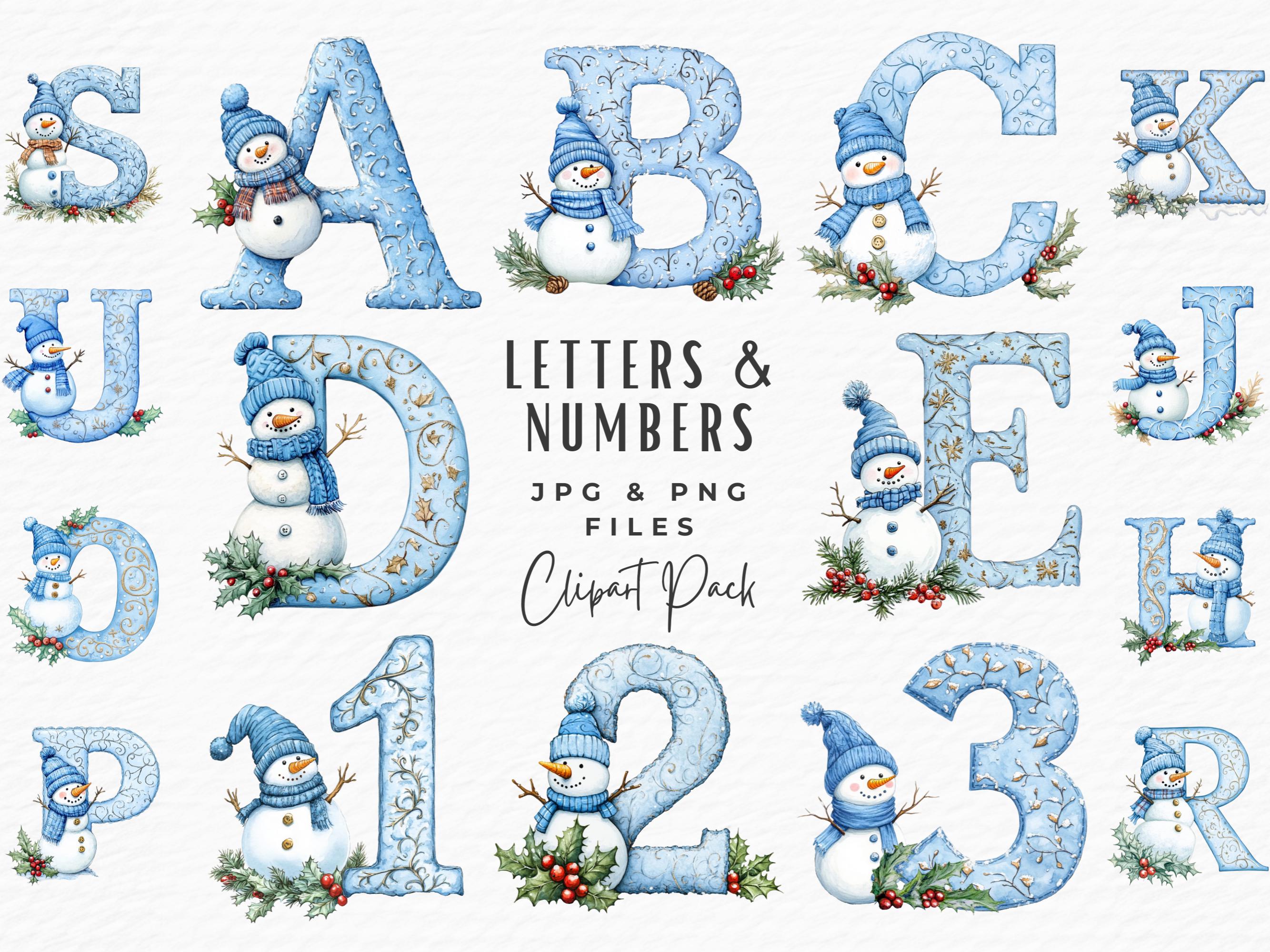 Christmas Alphabet and Numbers Clipart, Blue Gold Christmas Snowman ...