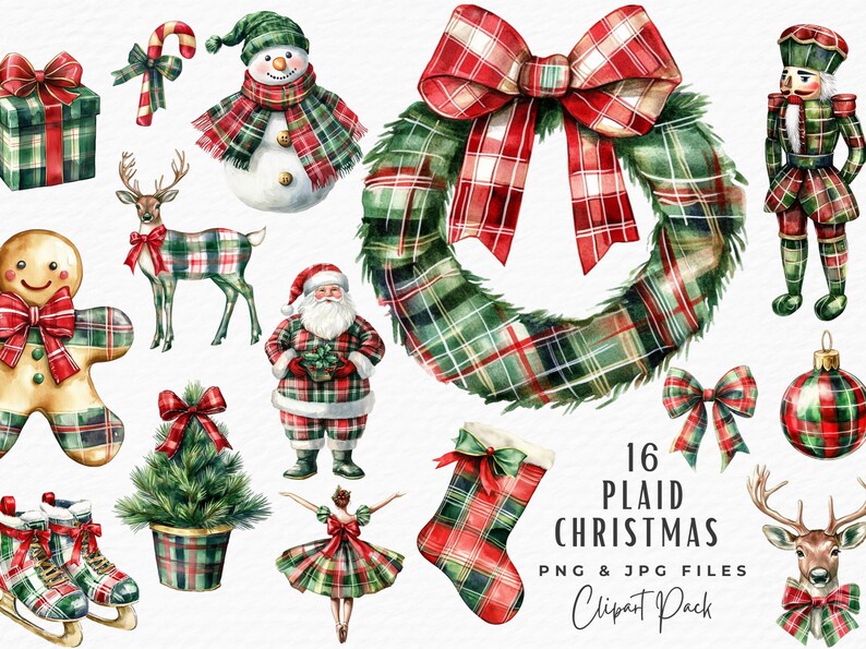 Vintage Christmas Plaid Clipart Bundle | Watercolor Santa, Deer ...