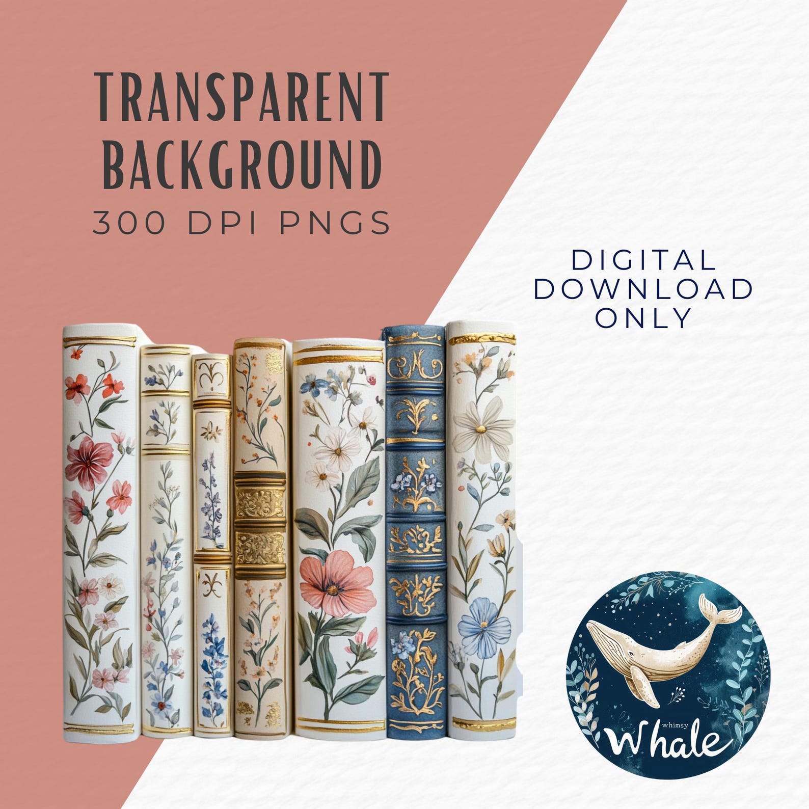 Floral Book Spine Clipart: Vintage Flower PNG (digital Download) - Etsy