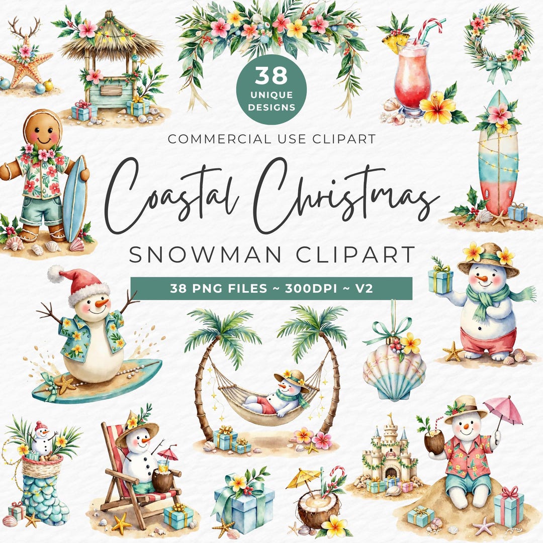 Coastal Christmas Beach Clipart, 38 Tropical Beach PNG Art Designs ...