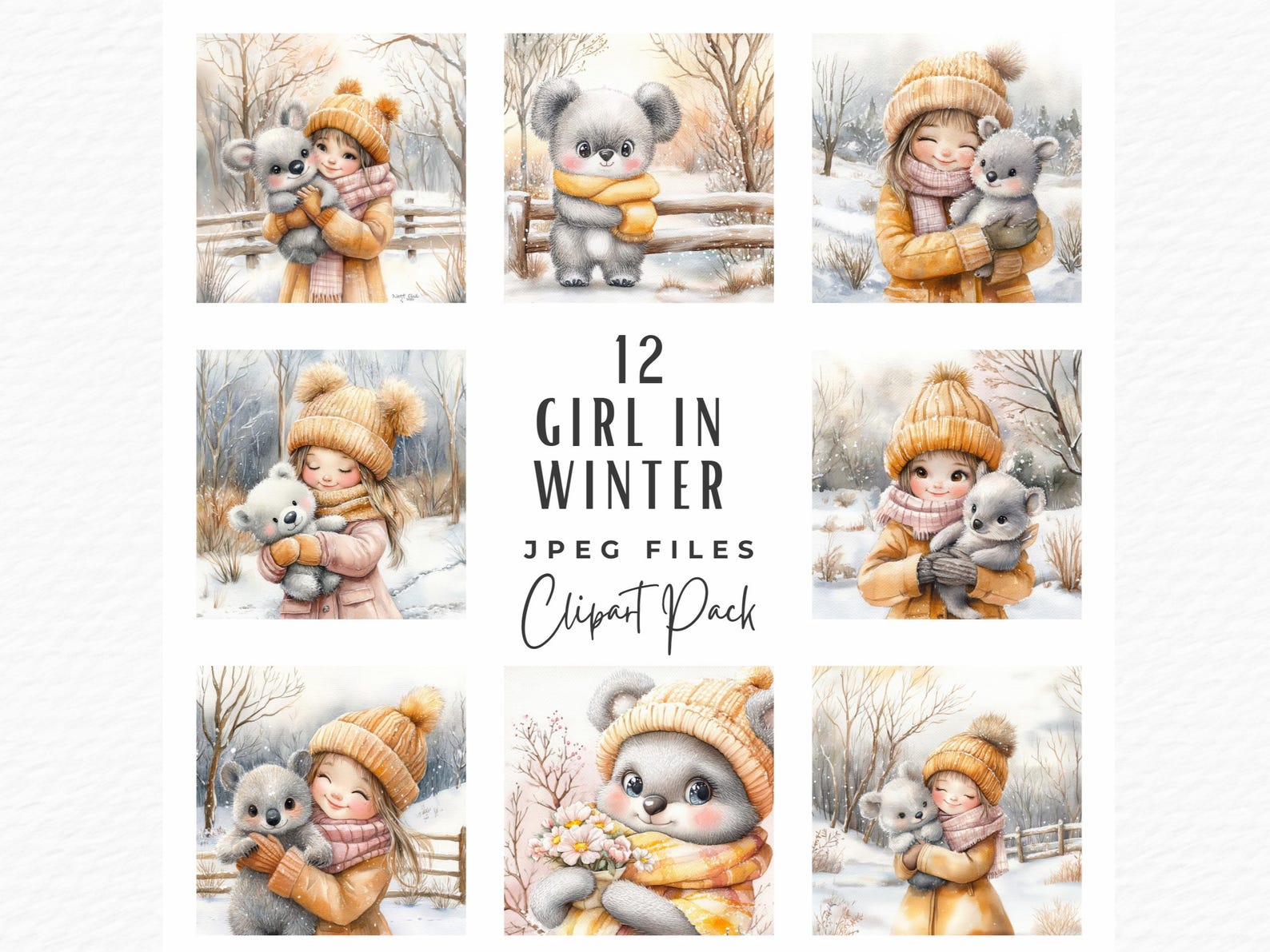 Whimsical Winter Girl Clipart Bundle, 12 Cute Quirky Watercolor Winter ...