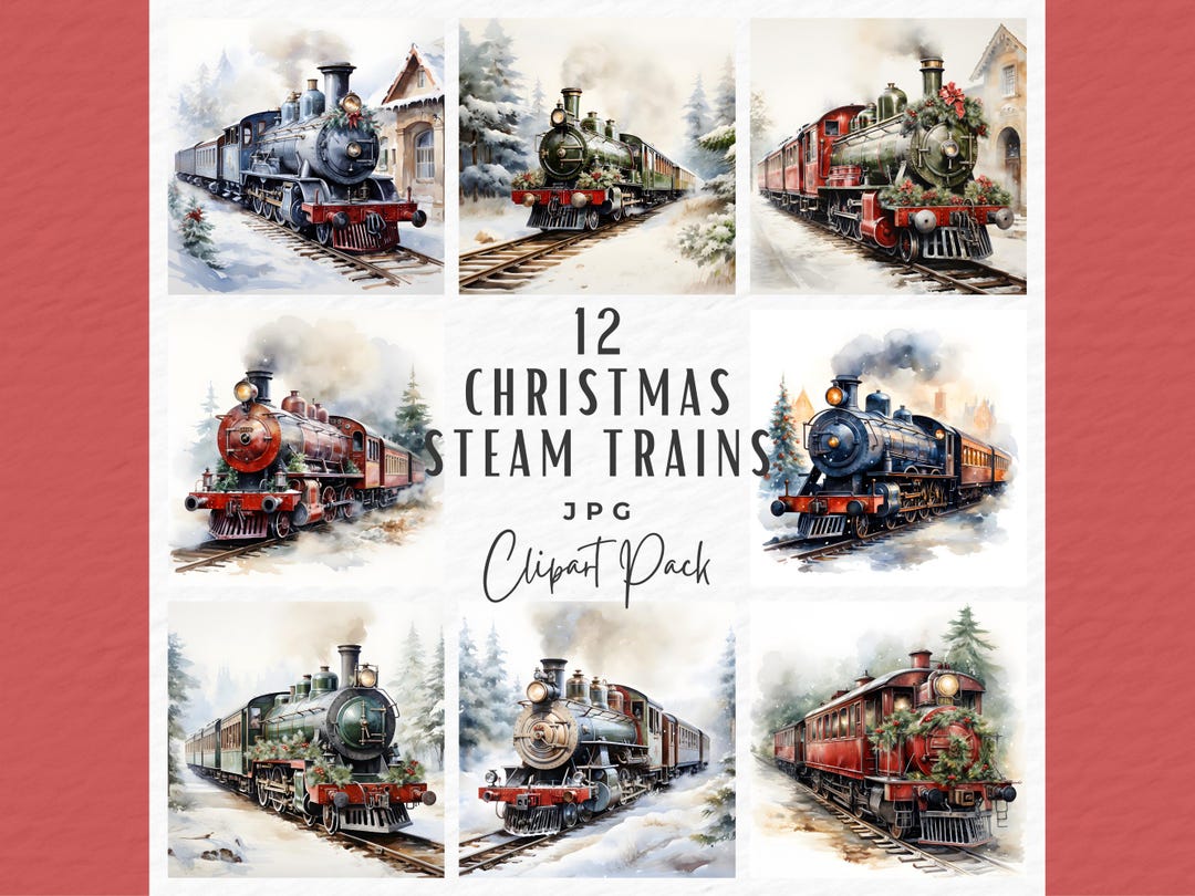 Christmas Steam Train Clipart Bundle, Watercolor Winter Xmas Holiday ...