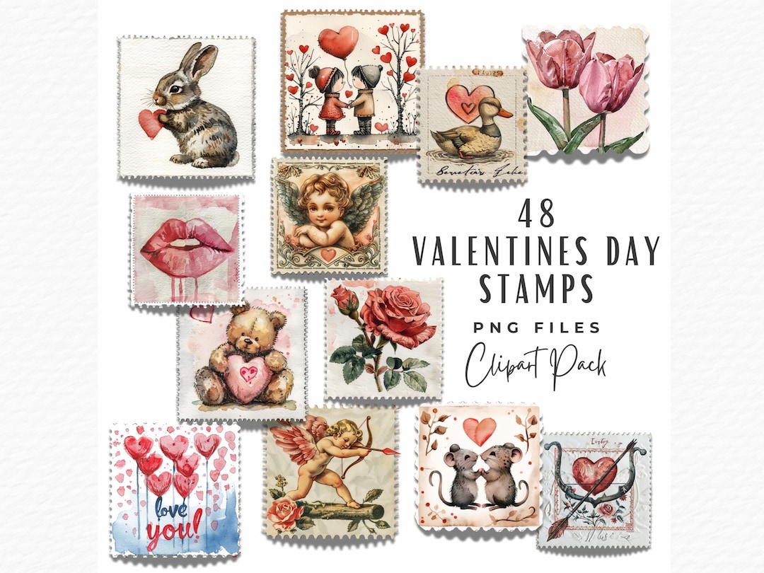 Valentine Postage Stamps Clipart Bundle, 48 Old Fashioned Vintage ...