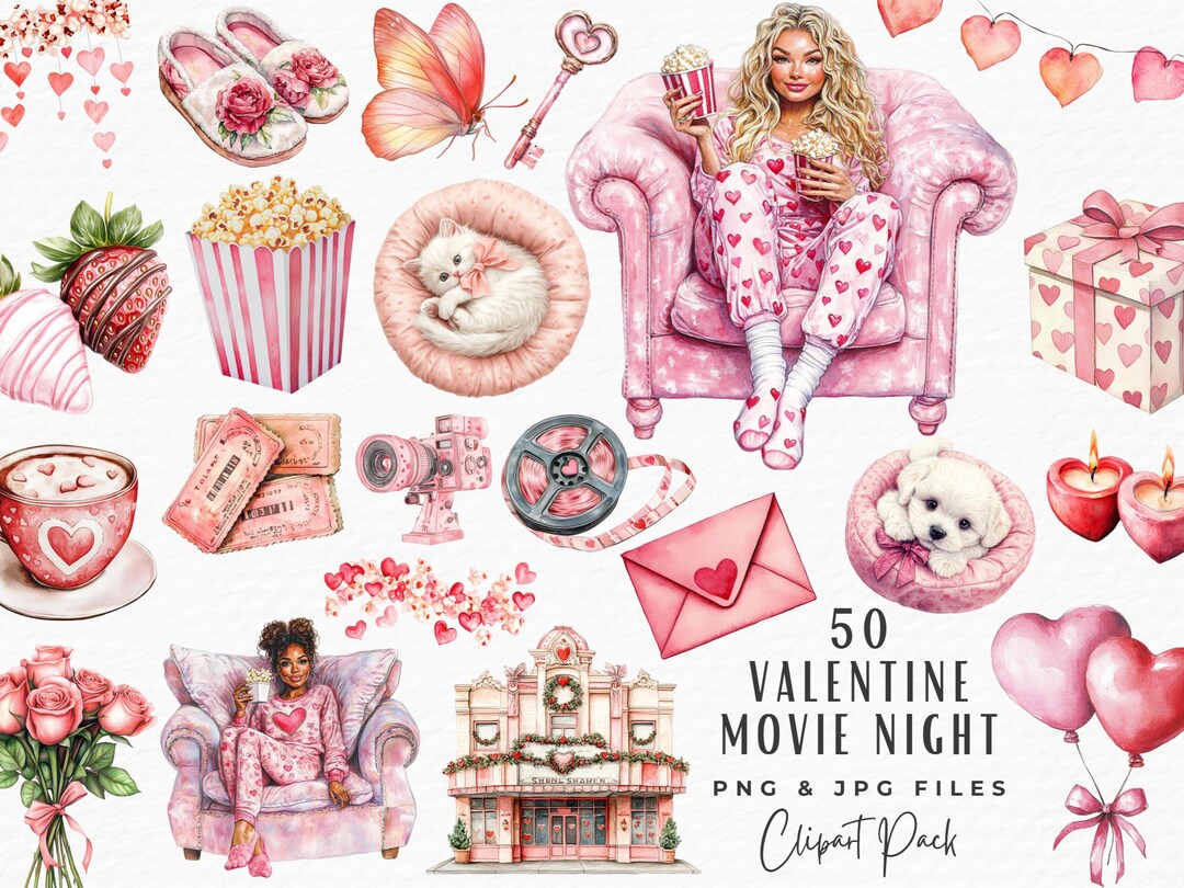 Watercolor Valentine Movie Night Clipart: 50 PNG JPG Cinema Graphics ...