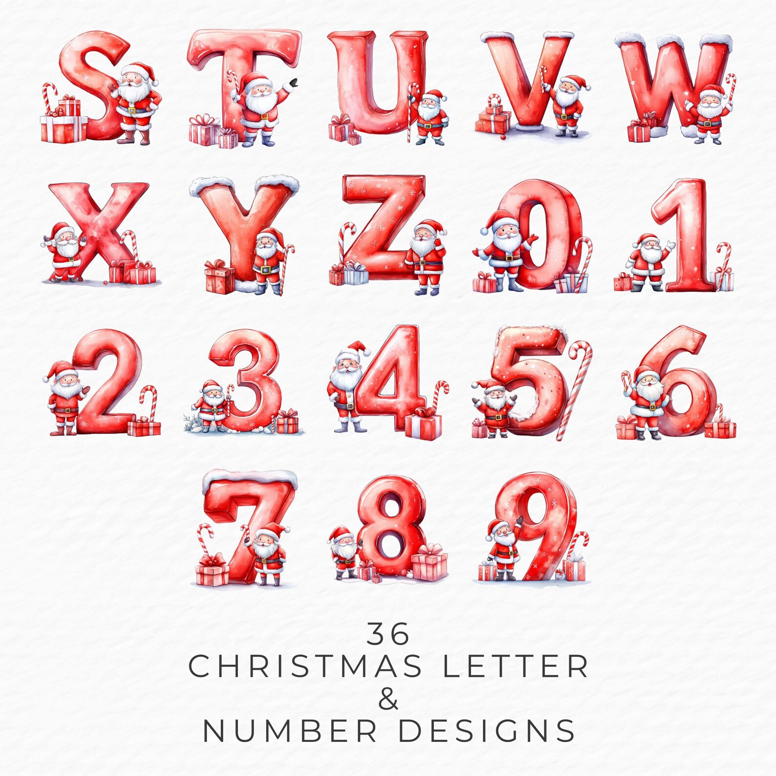 Christmas Alphabet and Numbers Clipart, 36 Watercolor Red Christmas ...