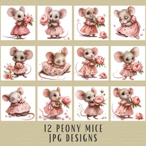 Mouse and Flower Clipart, 12 Watercolor Floral Peony & Mice High ...