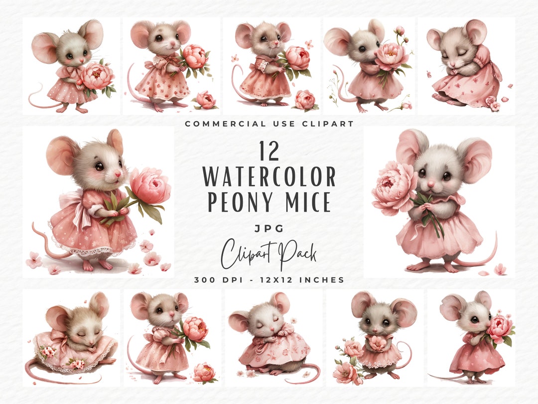 Mouse and Flower Clipart, 12 Watercolor Floral Peony & Mice High ...