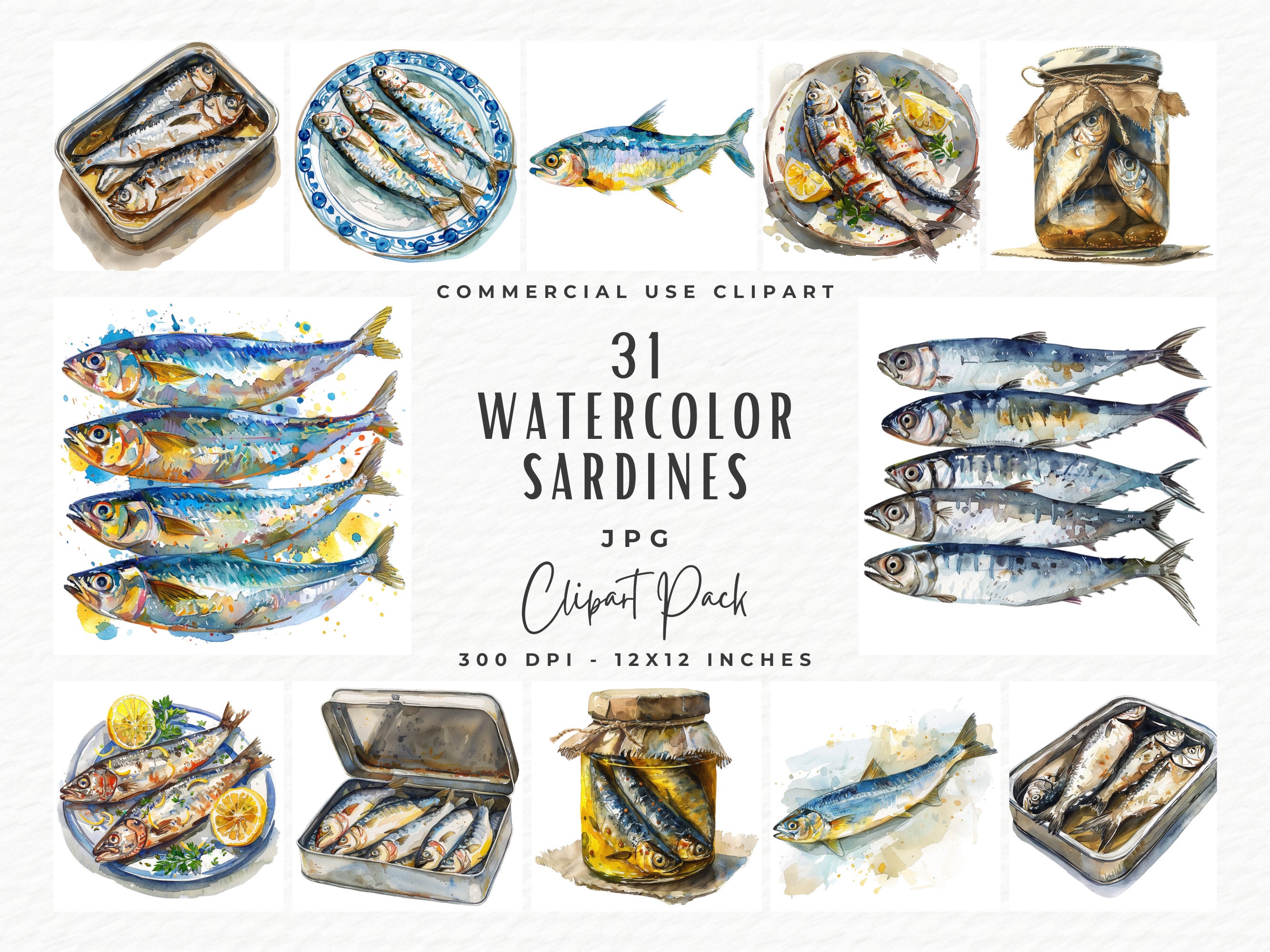 Sardine Clipart Bundle, 31 Watercolor Sardine Tin Fish Digital Download ...