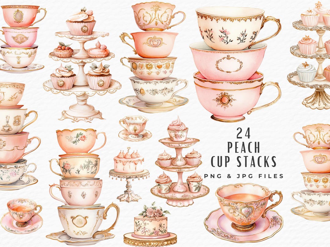 Teacup Stack Clipart Bundle | Peach Pink Watercolor Vintage Tea Party ...
