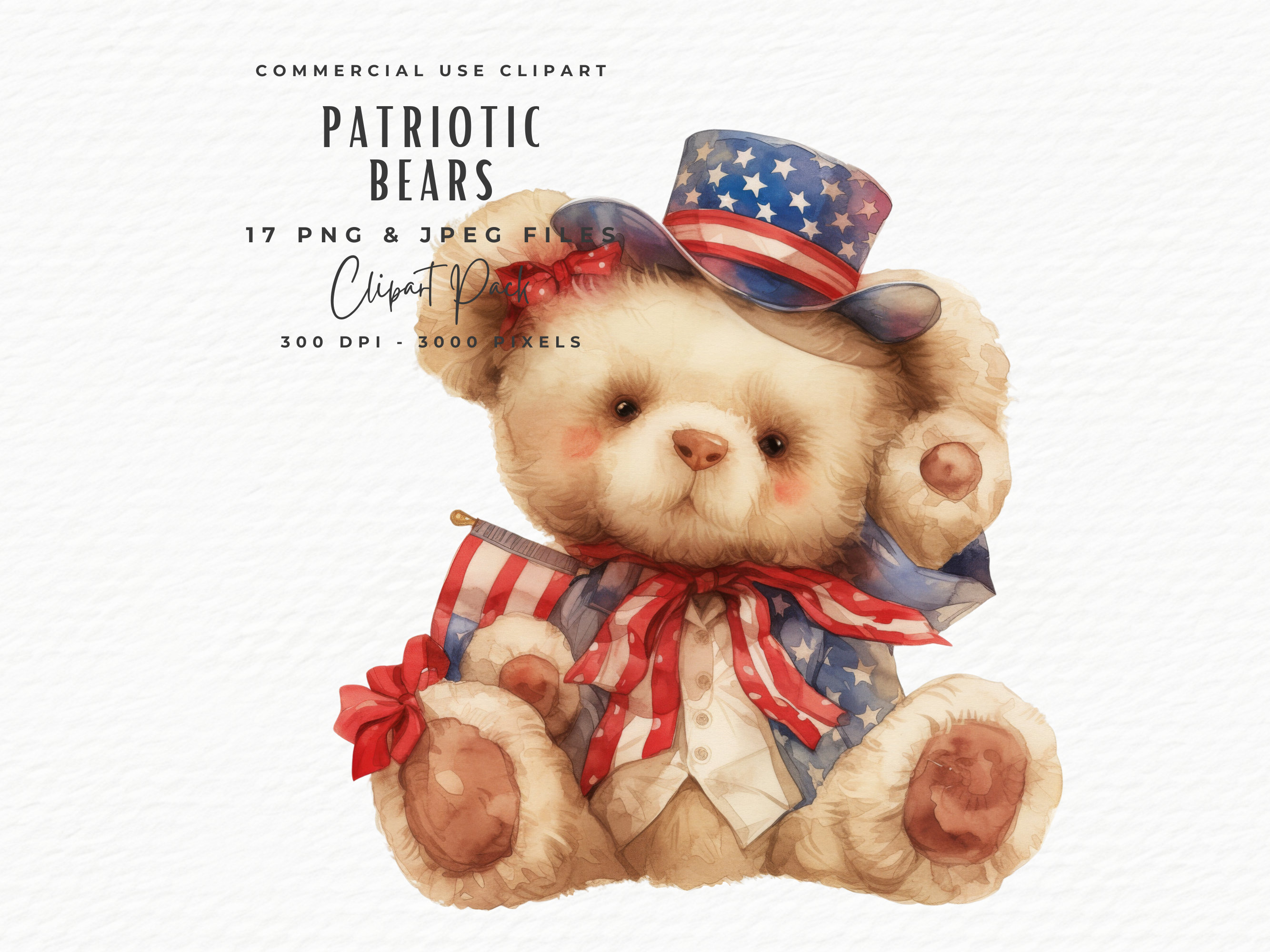 Patriotic Bear Clipart Bundle PNG, 17 4th of July Vintage Independence ...
