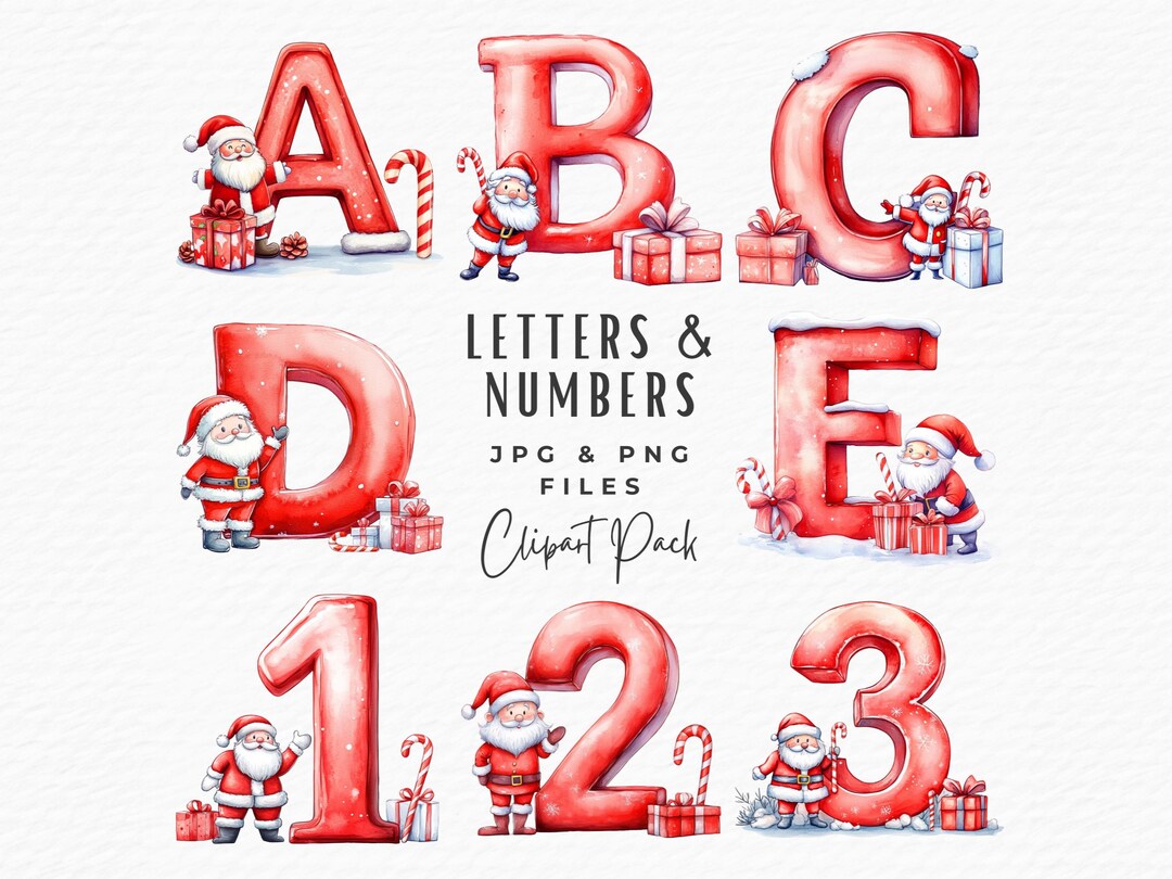 Christmas Alphabet and Numbers Clipart, 36 Watercolor Red Christmas ...