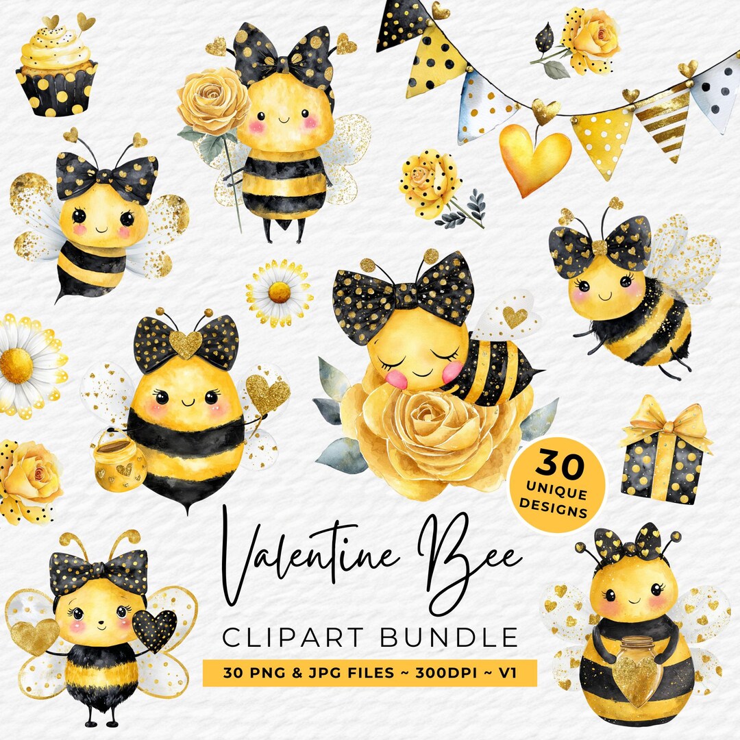 Bee Valentine Clip Art, Adorable Watercolor PNG, Digital Art for Love ...