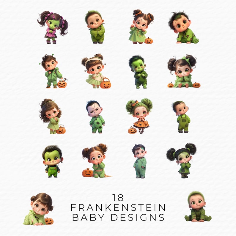 Frankenstein Baby Clipart Bundle, Whimsical Halloween Graphics (digital ...