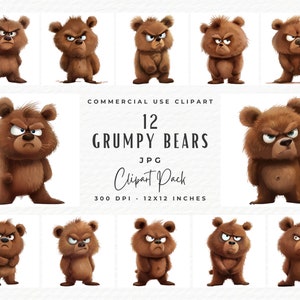 Grumpy Teddy Bear Clipart Bundle, Quirky Illustration (digital Download ...