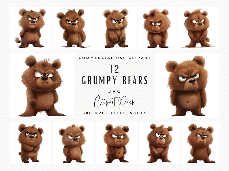 Grumpy Bear Clipart Bundle, 12 Quirky Grumpy Teddy Bear JPEG Digital ...