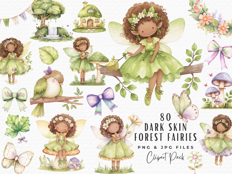 Watercolor Forest Fairy Clipart: Dark Skin, Flower Border (digital ...