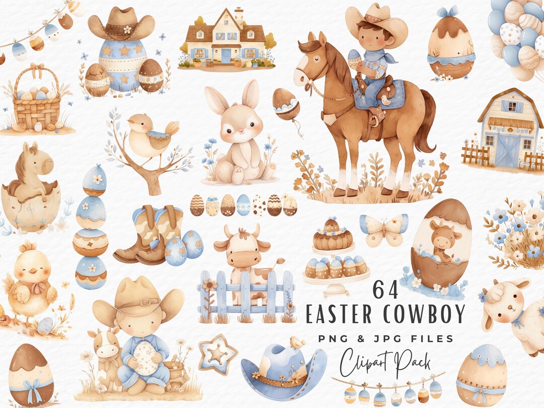 Easter Baby Boy Cowboy Clipart Bundle, 64 Watercolor Easter Egg Cowboy ...
