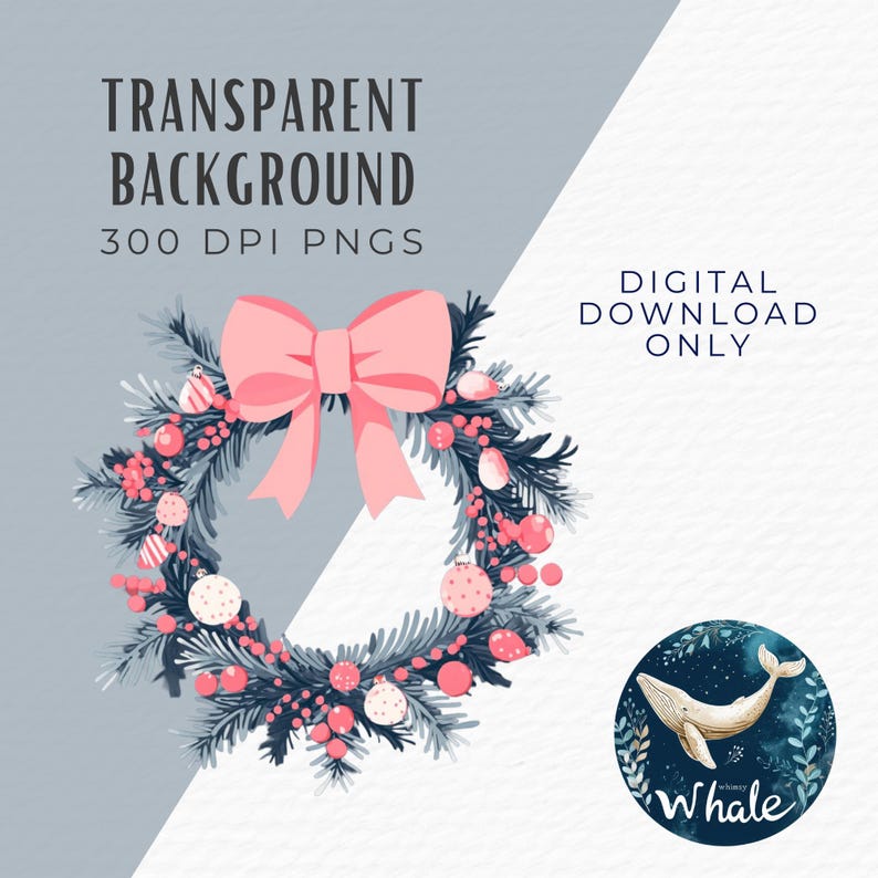 Watercolor Pink Christmas Wreath Clipart, Preppy Bow PNG (digital ...
