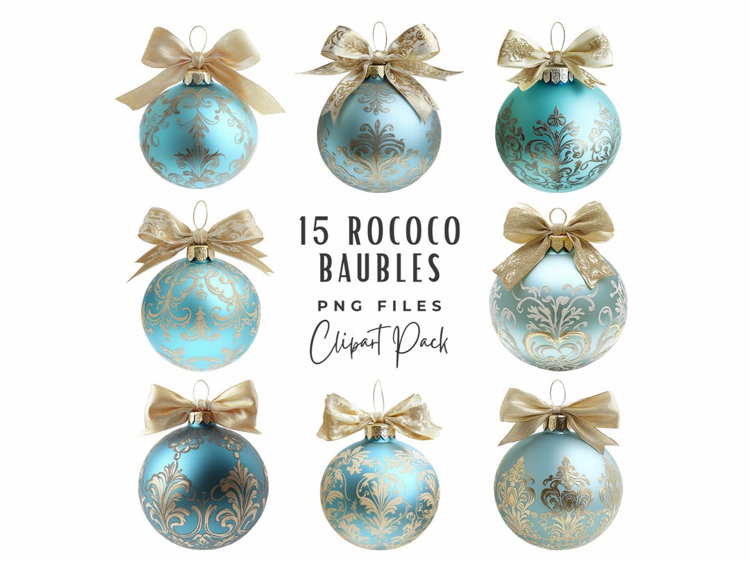 Rococo Christmas Clipart Bundle, 15 Cute Blue & Gold Rococo Christmas ...