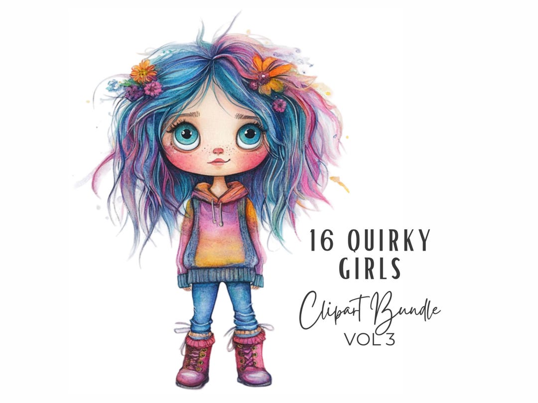 Quirky Girl Clipart Bundle, Watercolor Cute Whimsical Fashion Girls ...