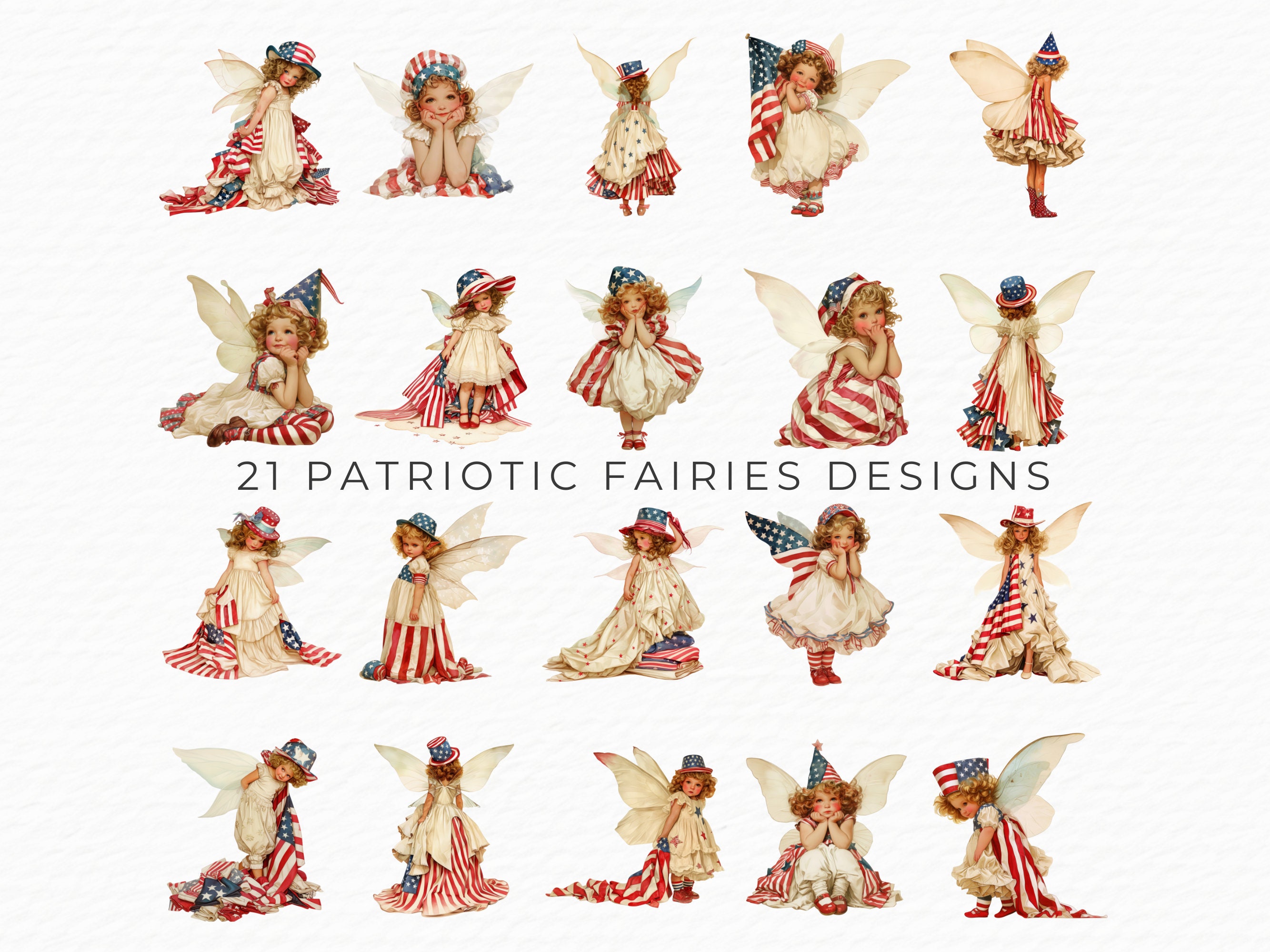 4th of July Fairy Clipart Bundle PNG JPEG, 21 Vintage Independence Day ...