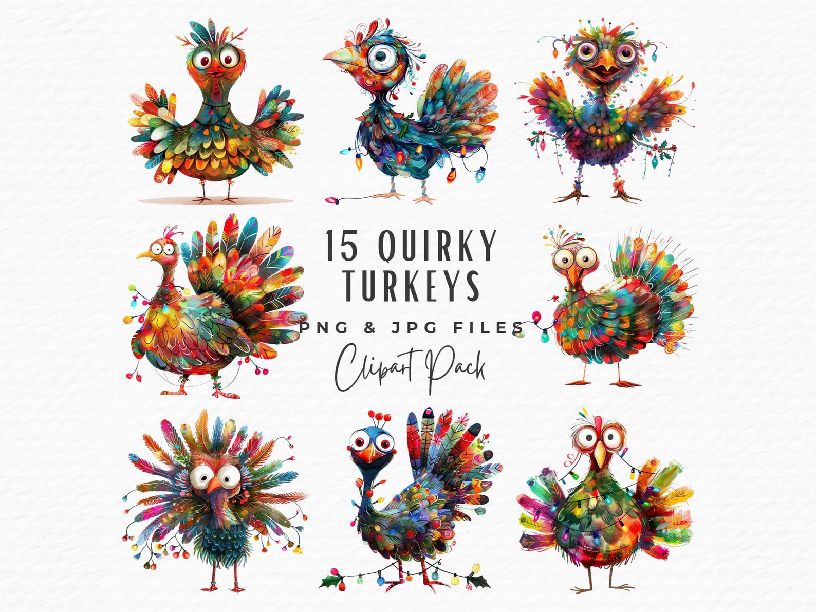 Quirky Turkey Clipart Bundle, Watercolor Funny Thanksgiving Holiday ...