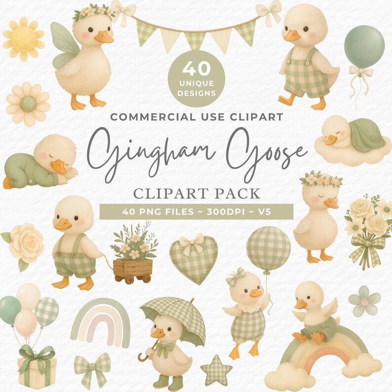 Silly Goose Clipart Bundle: 40 Gingham Pngs, Cottagecore Baby Shower ...