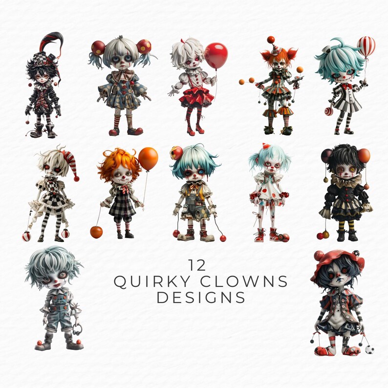 Creepy Clown Clipart Bundle, 12 Quirky Spooky Clowns PNG JPEG Clip Art ...