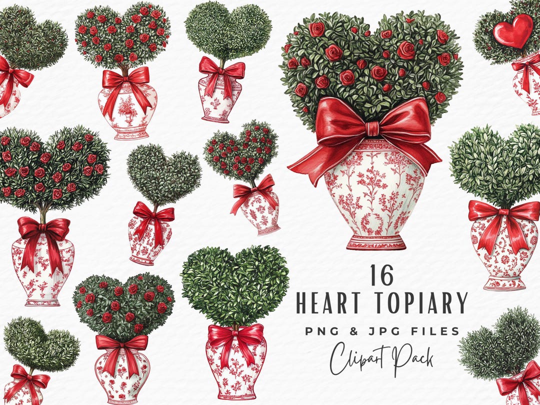 Heart Topiaries Clipart Bundle, 16 Watercolor Chinoiserie Red Rose ...