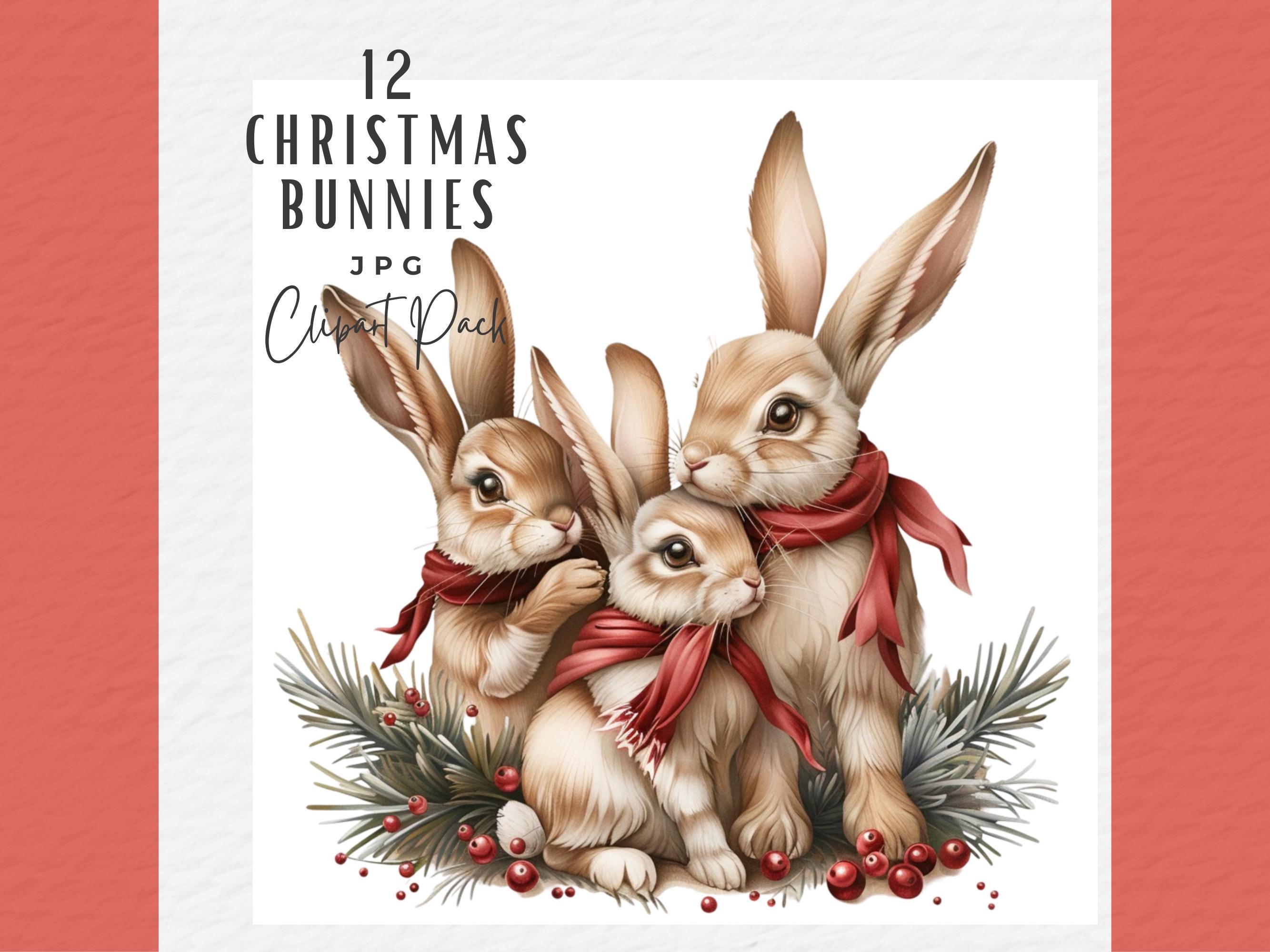 Winter Rabbit Clipart Bundle, 12 Cute Whimsical Watercolor Christmas ...