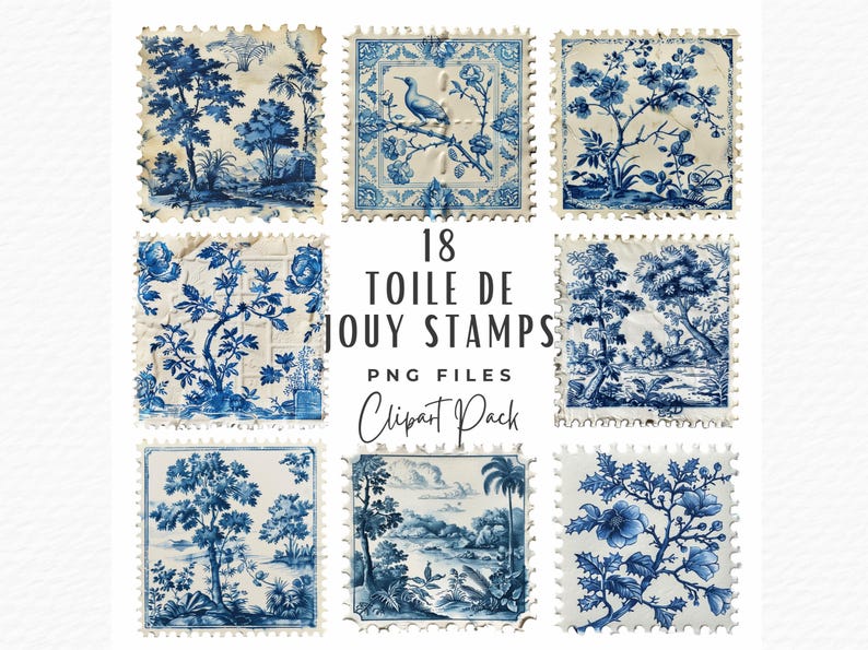 Toile De Jouy Stamp Clipart: 18 Blue Floral Designs (digital Download ...
