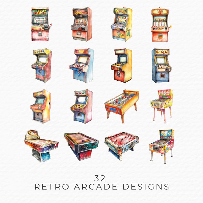 Retro Arcade Clipart, Watercolor Vintage Video Game, Pinball Machine ...