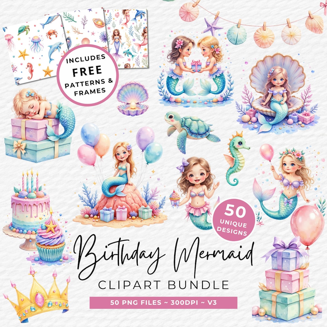 Whimsical Pastel Mermaid Clipart, Adorable Ocean Art for Birthdays ...