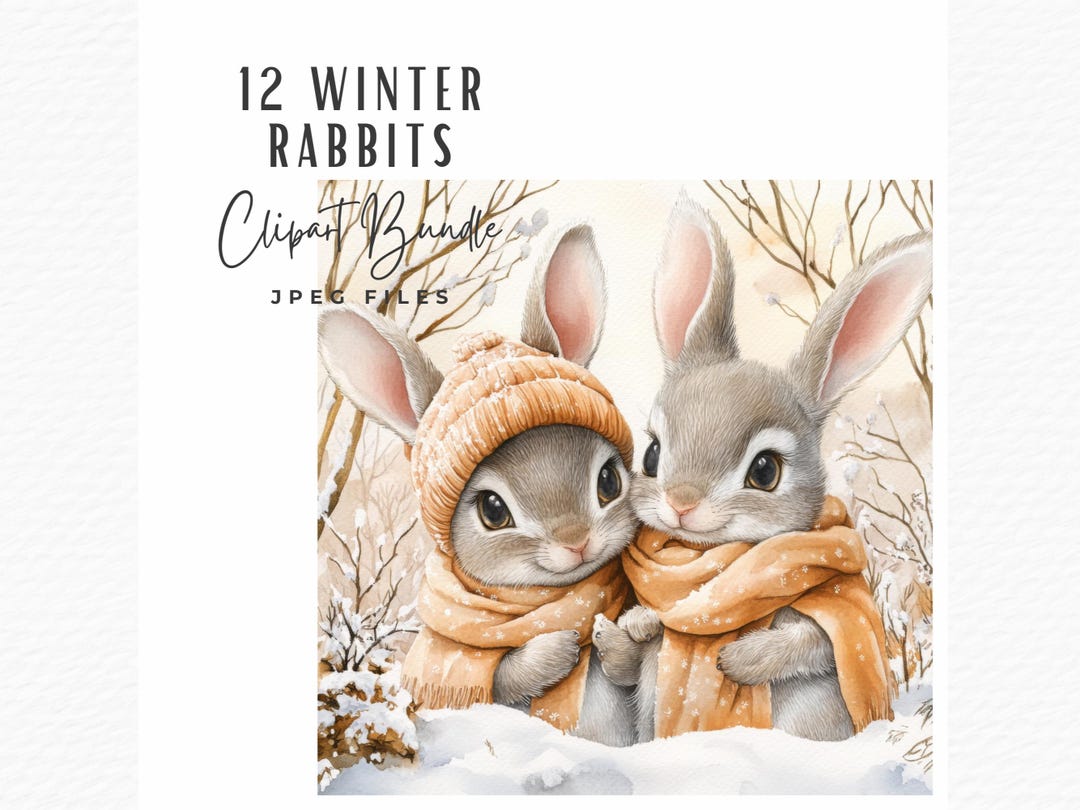 Winter Rabbit Clipart Bundle, 12 Cute Whimsical Watercolor Christmas ...