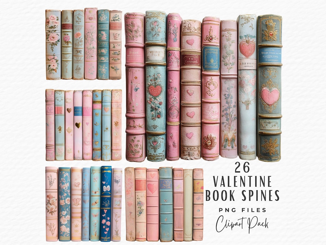 Valentine Book Spine Clipart: Pastel Hearts & Flowers, Scrapbook PNG ...