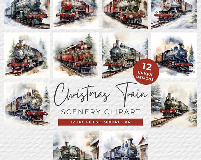 11 Christmas Train Clipart Set, Winter Train Illustrations, Printable ...