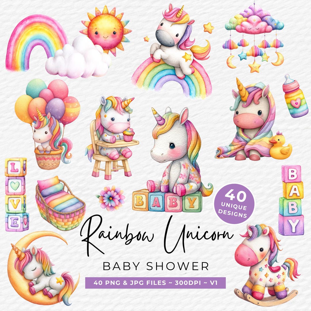 Rainbow Unicorn Baby Shower Clipart PNG Bundle With Unicorns Bottles ...
