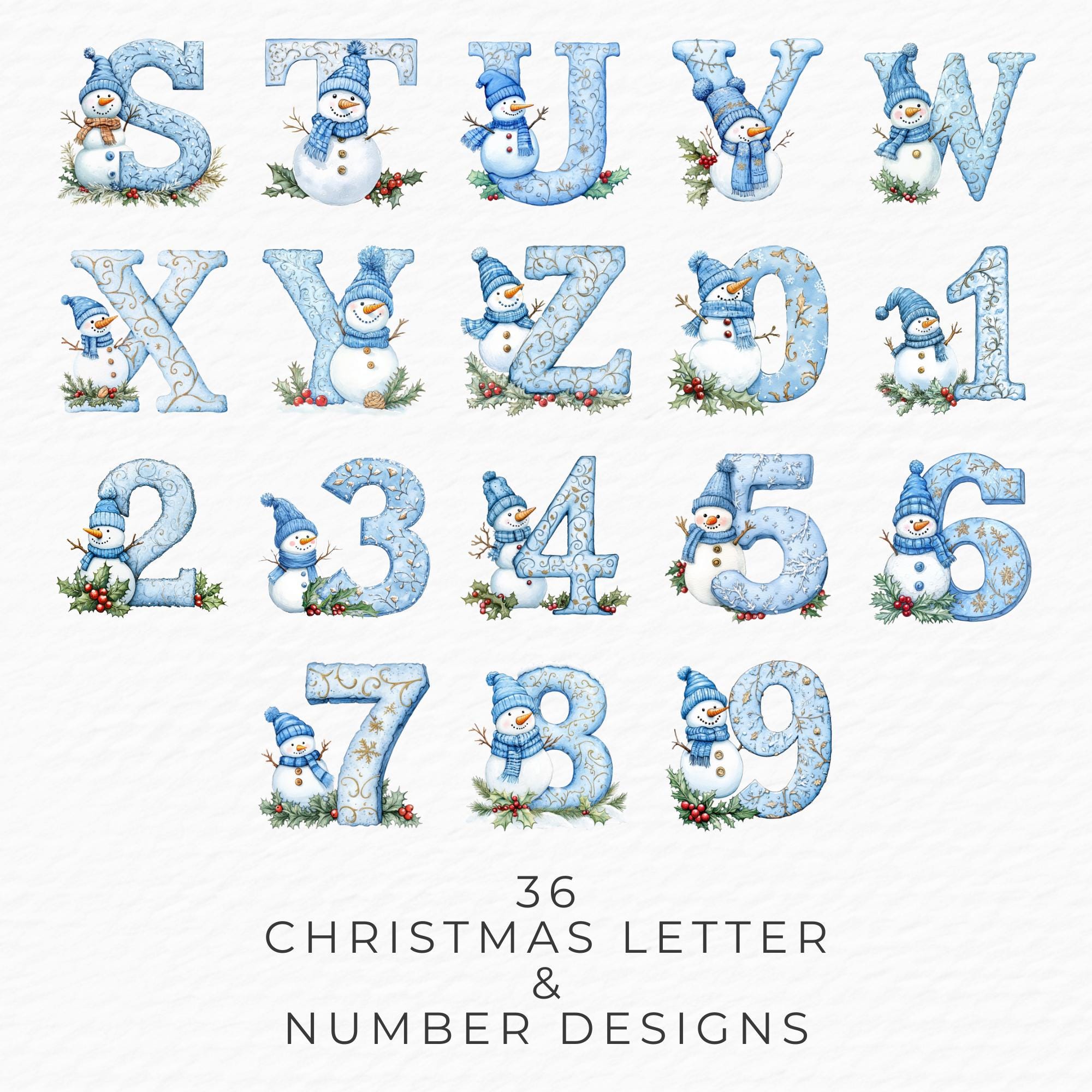 Christmas Alphabet and Numbers Clipart, Blue Gold Christmas Snowman ...