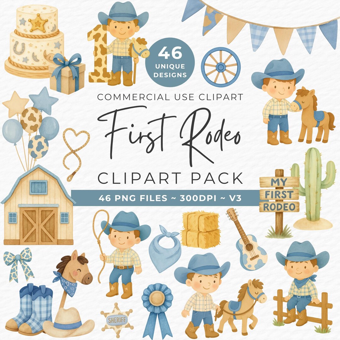 My First Rodeo Clipart Bundle, Watercolor Cowboy, Baby Shower PNG ...