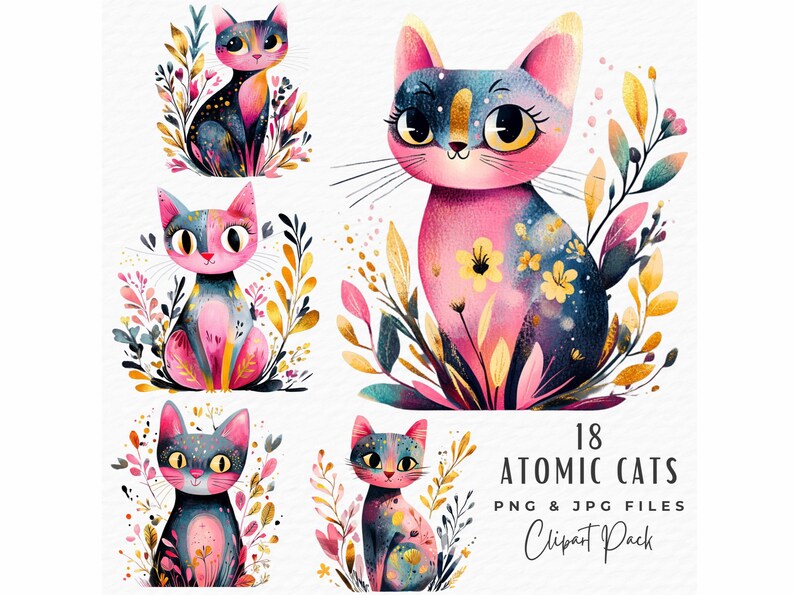 Retro Atomic Cat Clipart Bundle, Mid Century Modern PNG (digital ...