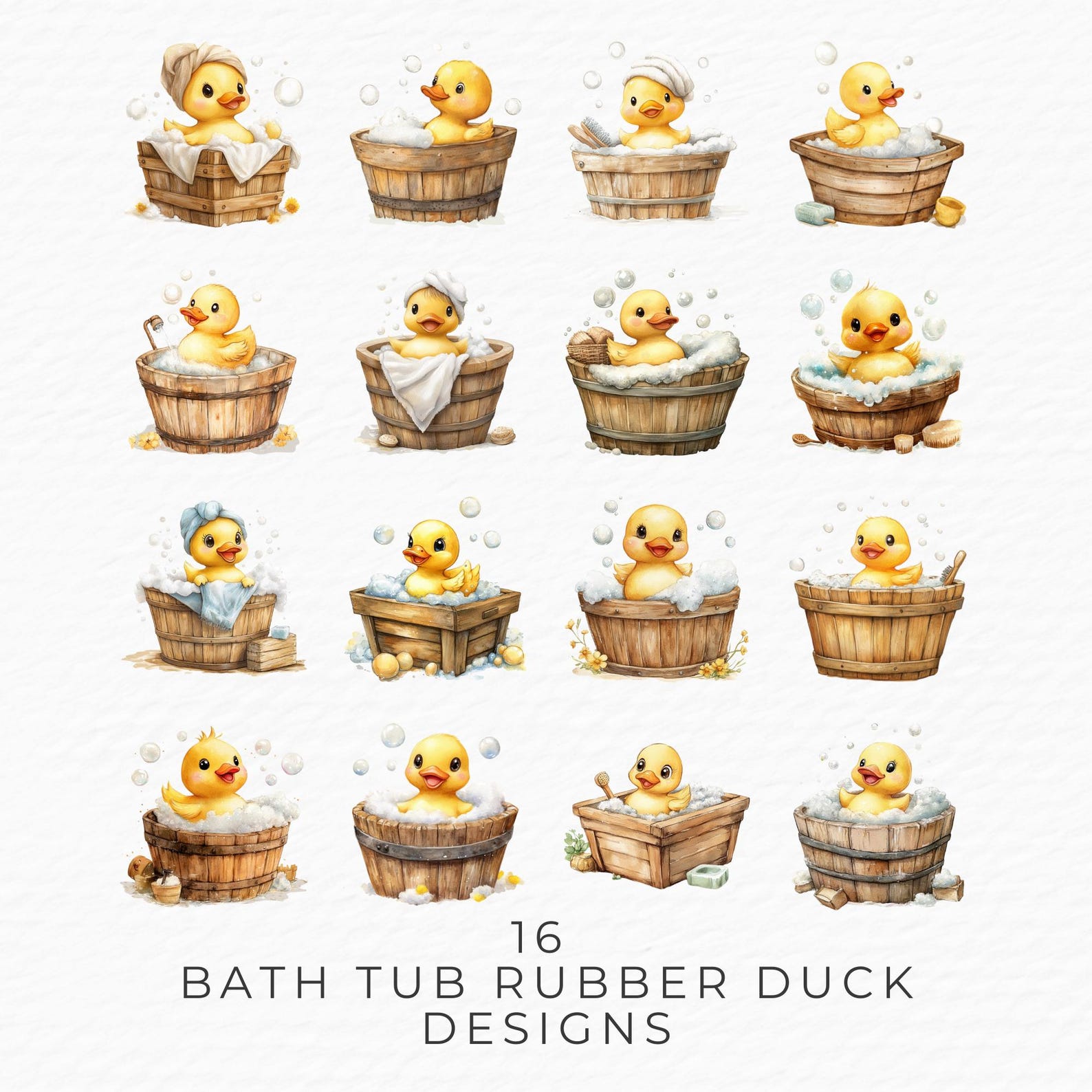 Rubber Duck in Tub Clipart Bundle | Watercolor Baby Rubber Duck Bubble ...