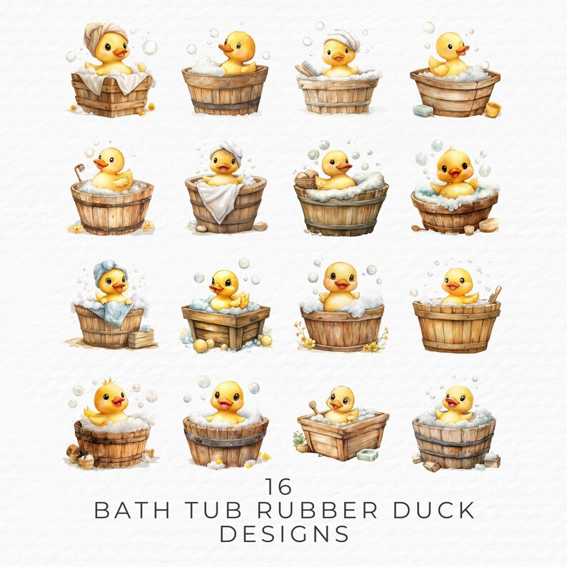 Rubber Duck in Tub Clipart Bundle | Watercolor Baby Rubber Duck Bubble ...