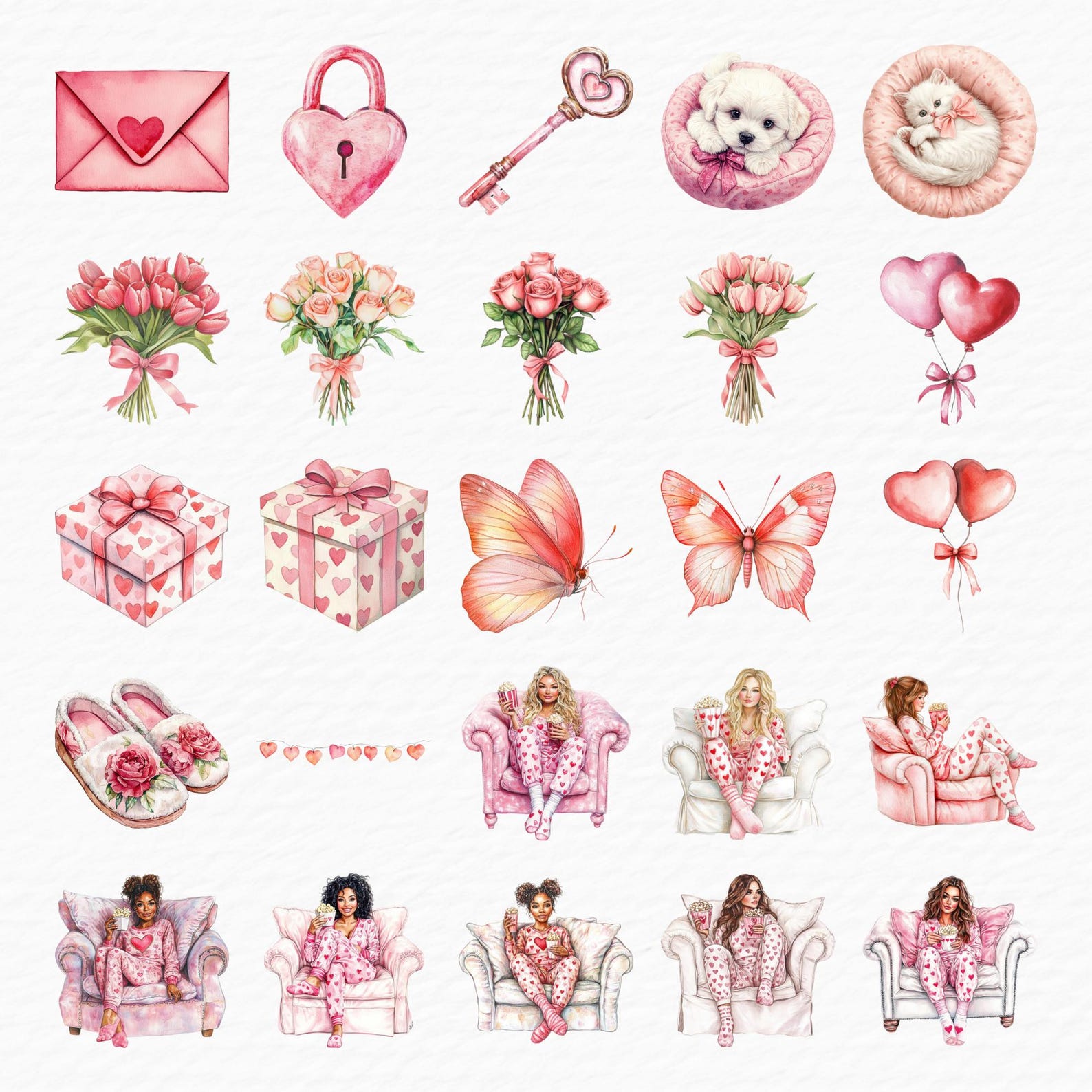 Watercolor Valentine Movie Night Clipart: 50 PNG JPG Cinema Graphics ...