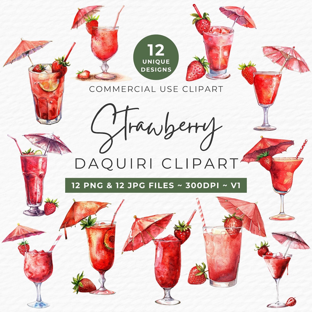 Watercolor Strawberry Daiquiri Clipart, Summer Cocktail Illustration ...